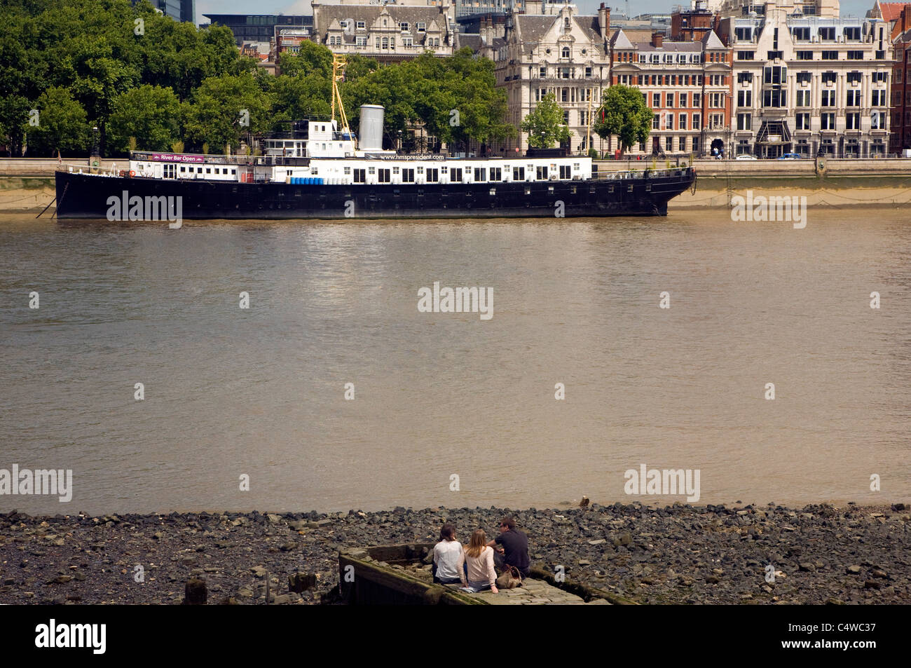 Looking across the River Thames to HMS President on the Embankment ...