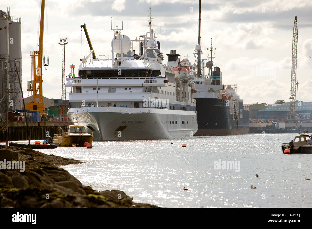 Passenger ship "Clipper Odyssey" leaving Montrose Harbour quay. Angus ...