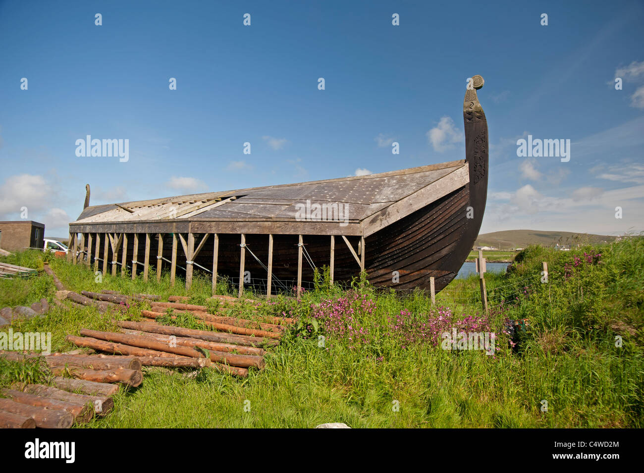 A replica Viking longship Skidbladner under construction at Haroldswick ...