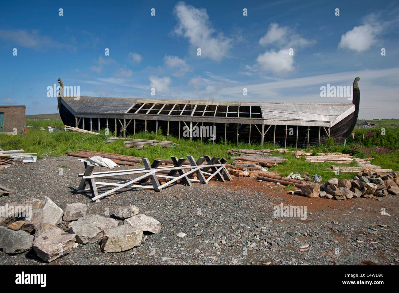 A replica Viking longship Skidbladner under construction at Haroldswick ...