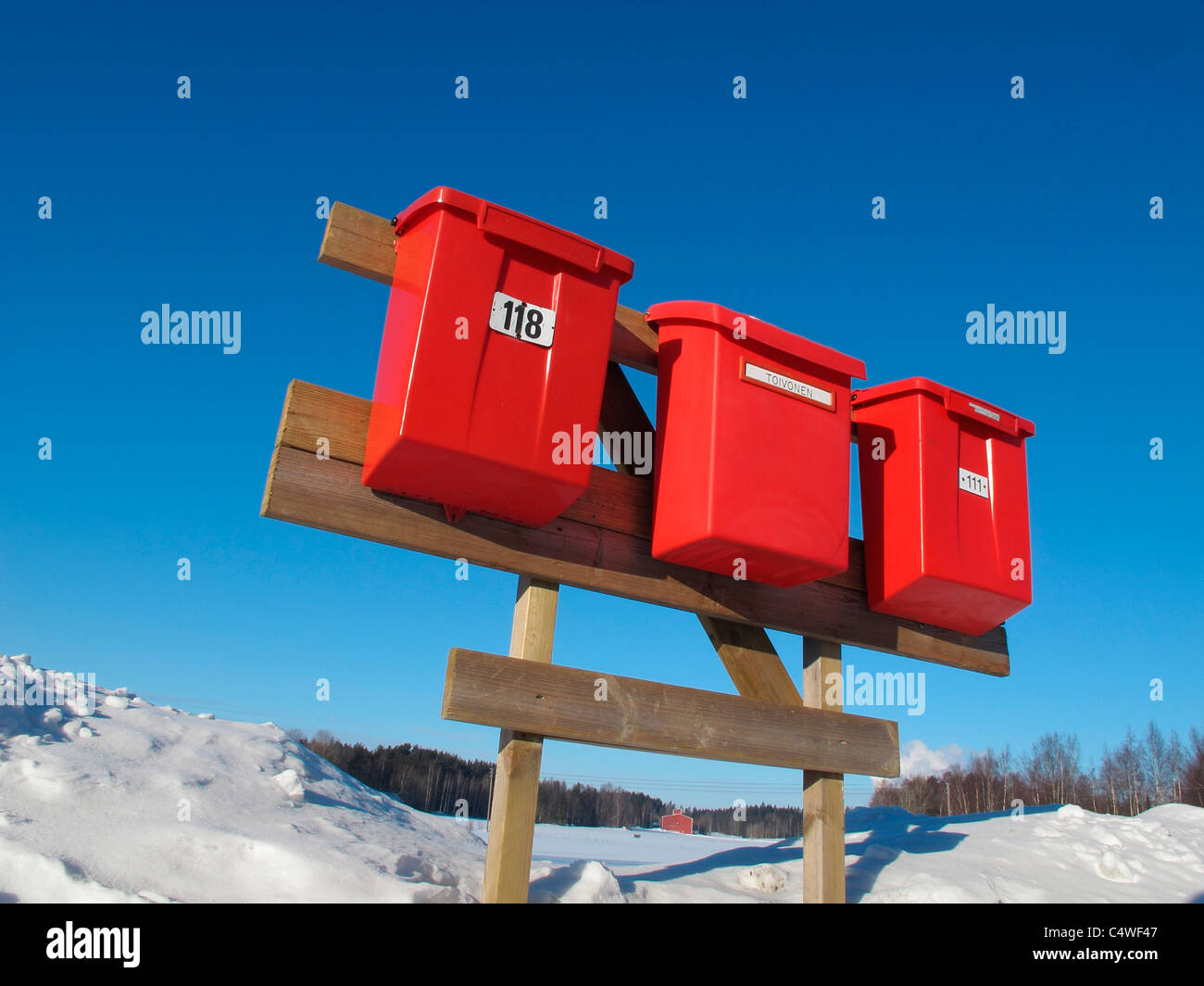 Scandinavia Finnish red letter post mail boxes in winter snow Stock ...