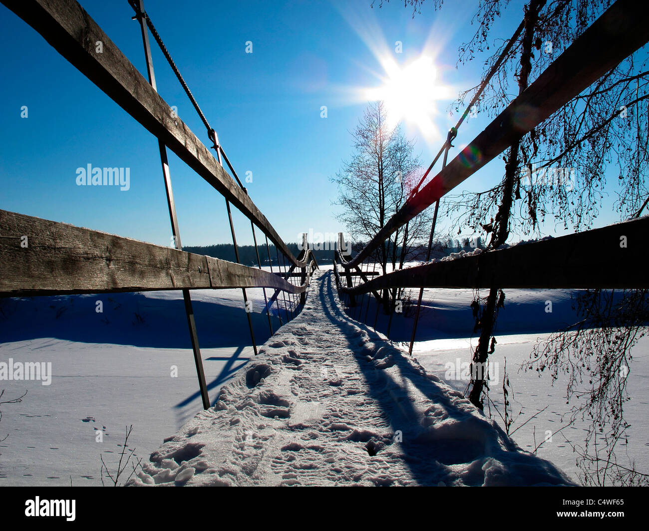 Scandinavia Finnish hanging bridge in snow landscape Stock Photo - Alamy