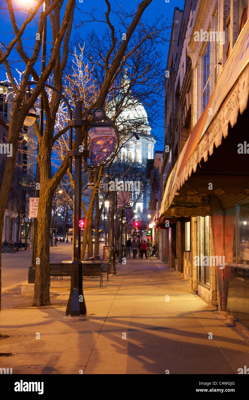 State Street at twilight with capitol building in background. Madison ...