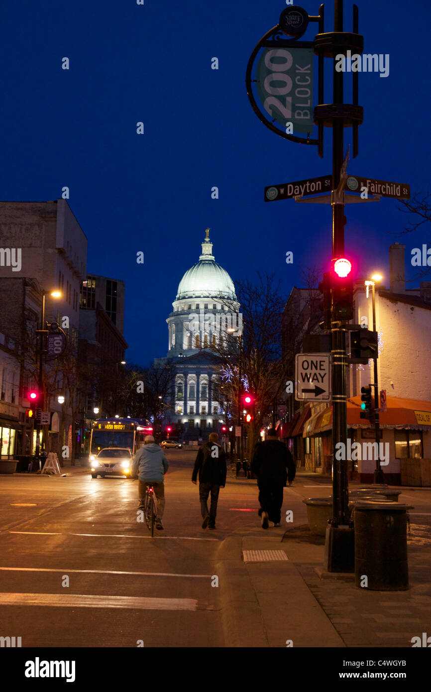 State Street at twilight with capitol building in background. Madison ...