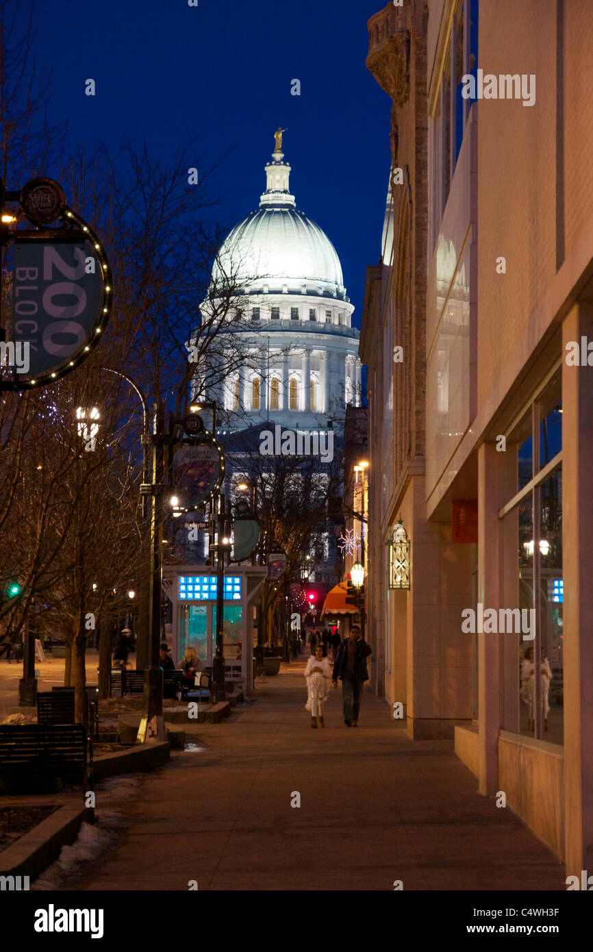 State Street at twilight with capitol building in background. Madison ...