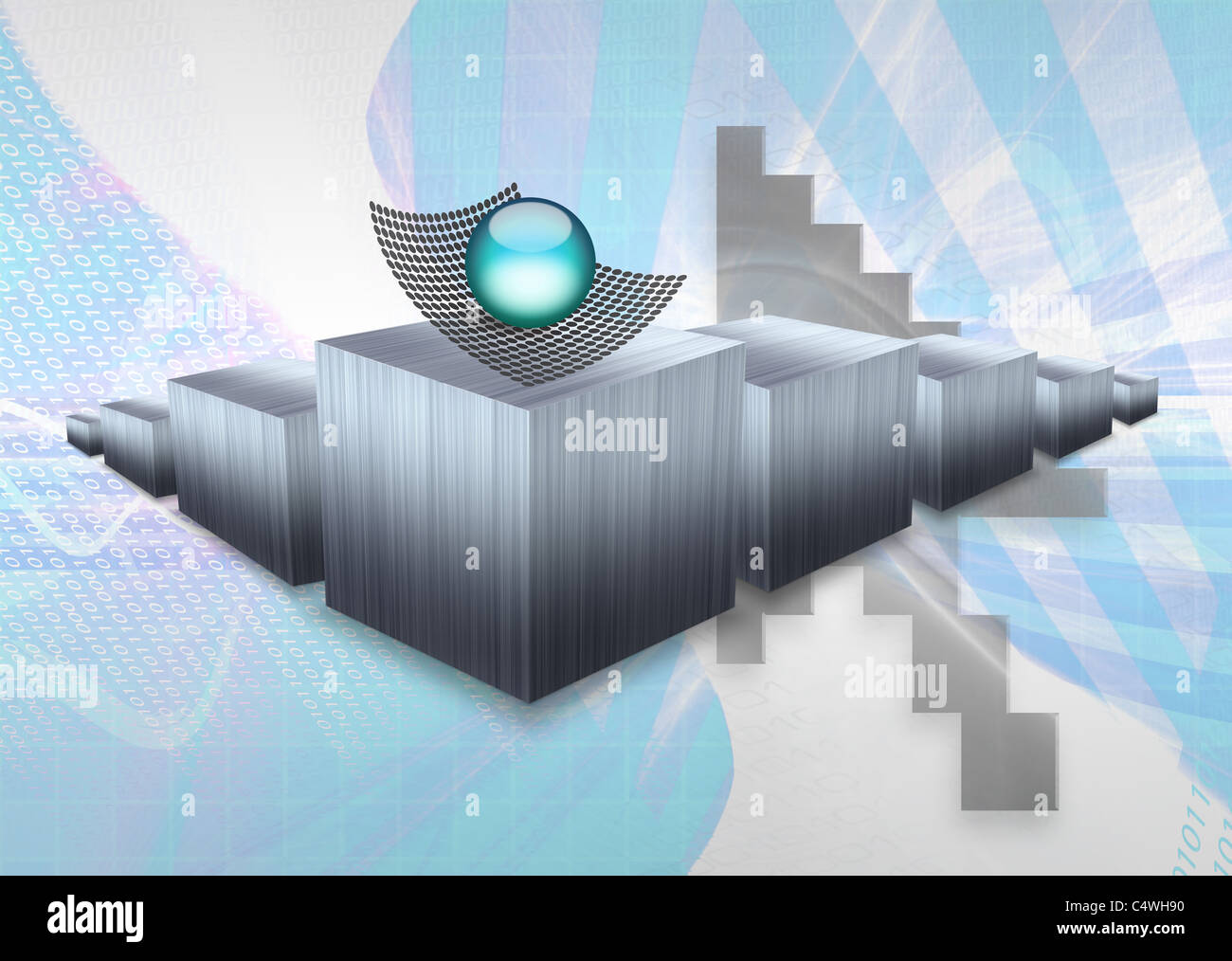 A metallic 3D bar chart montage with a glossy 3D orb and binary code ...