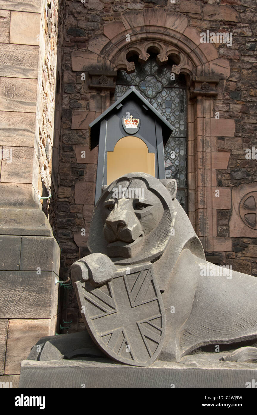 Scotland, Edinburgh. Historic Edinburgh Castle. Lion with shield statue ...