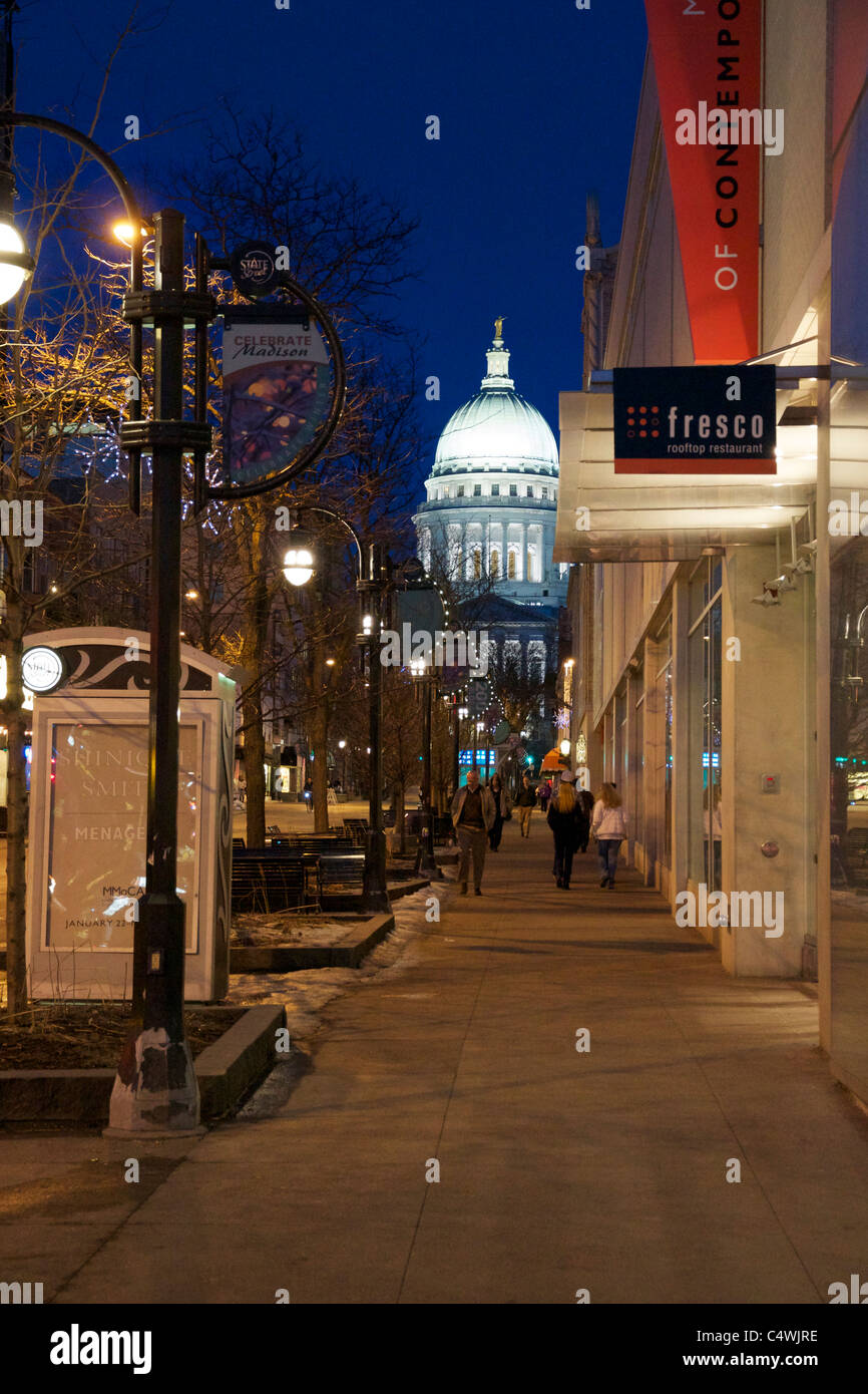 State Street at twilight with capitol building in background. Madison ...