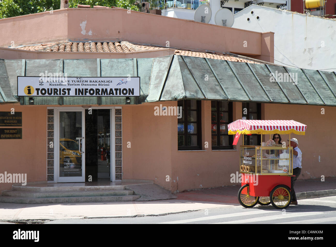 Tourist information office with pretzel stand in Kusadasi, Turkey Stock ...