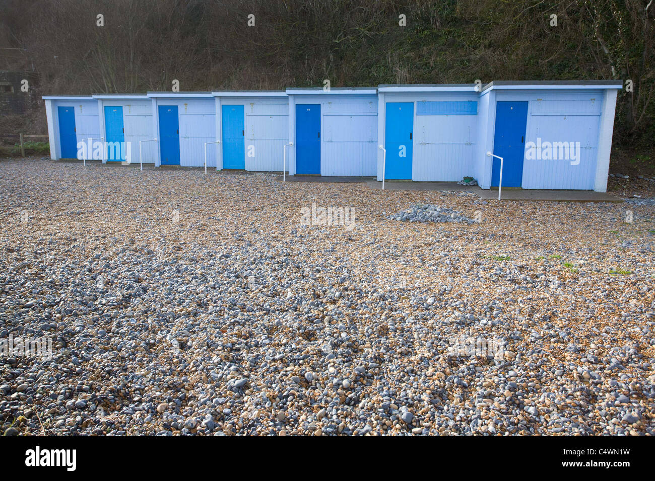 Seven Blue Beach Huts. Picture by James Boardman Stock Photo - Alamy