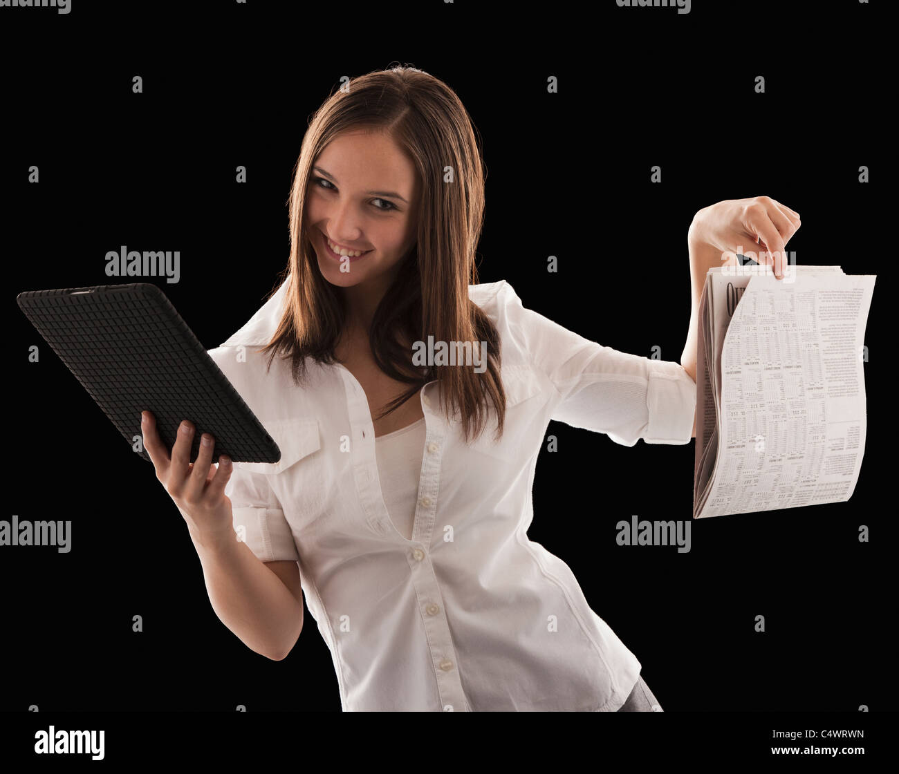 Young attractive businesswoman comparing financial results with ...