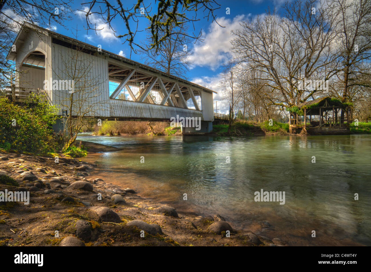 USA, Oregon, Linn County, Larwood Bridge over Crabtree Creek Stock ...
