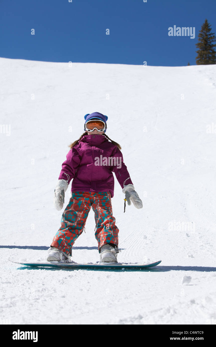 USA, Colorado, Telluride, Girl (10-11) snowboarding Stock Photo - Alamy