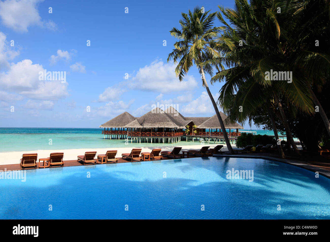 Pool and empty sun loungers in a holiday resort Stock Photo - Alamy