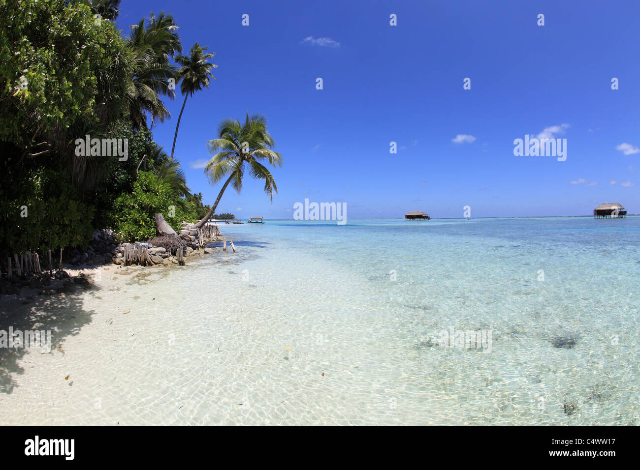 Deserted tropical beach with water bungalows in the distance Stock ...
