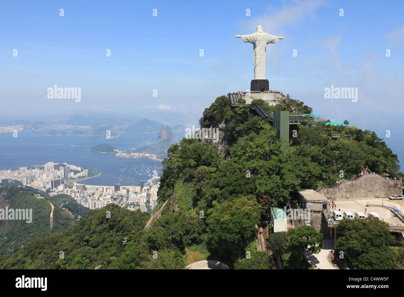 Aerial View of Christ the Redeemer in Rio de Janeiro with Sugar Loaf ...