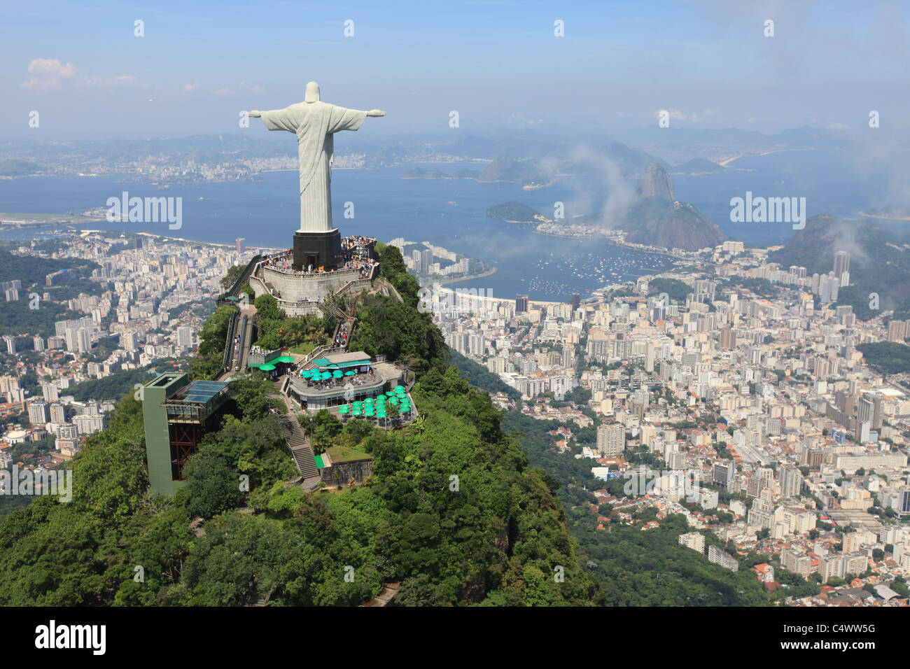 Aerial View of Christ the Redeemer in Rio de Janeiro with Sugar Loaf ...