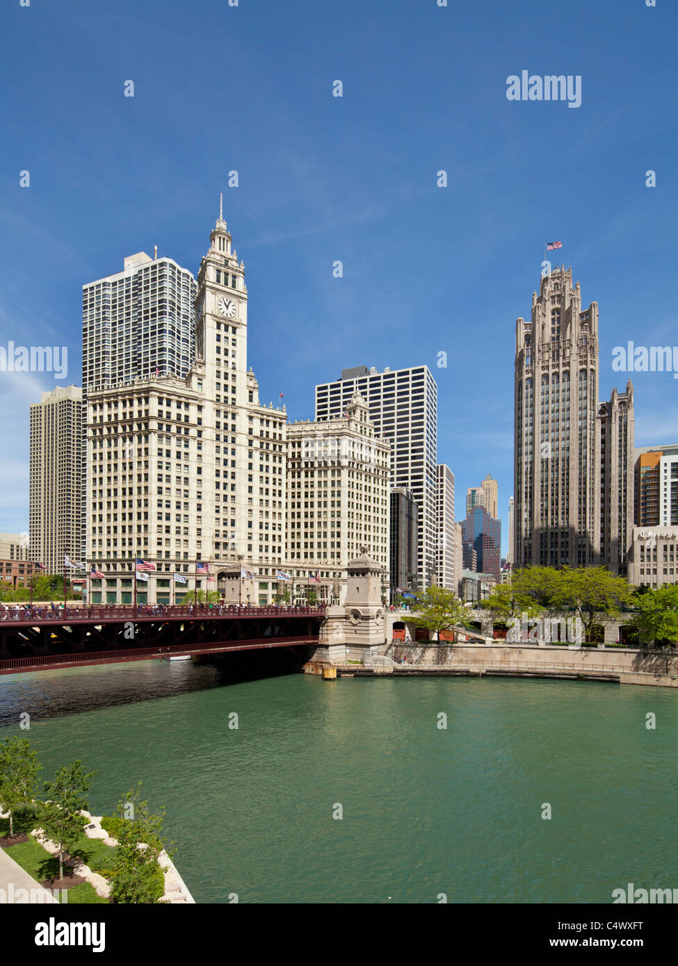 Wrigley Building, Tribune Tower, Chicago river, Illinois Stock Photo ...
