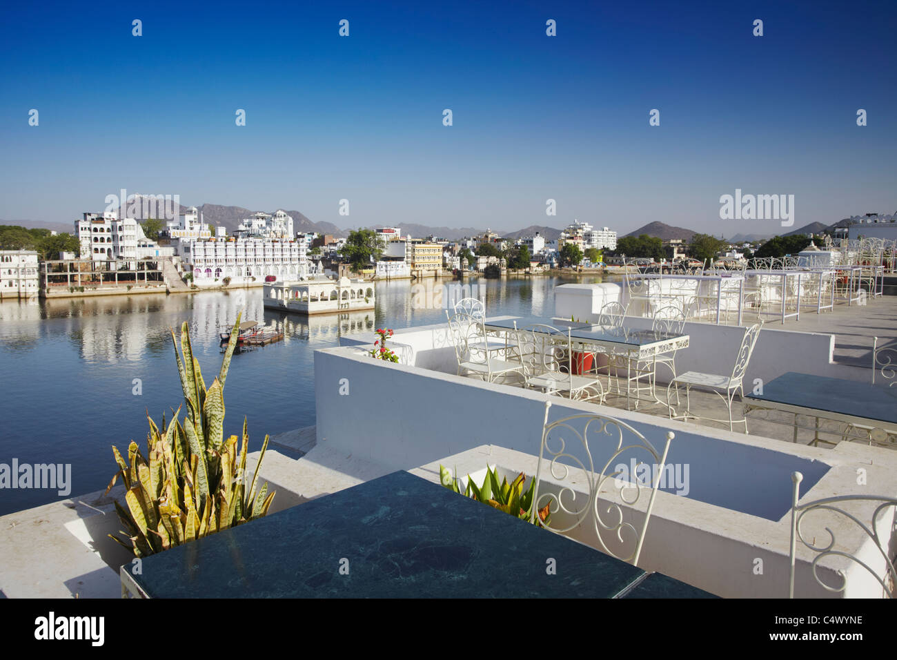 View of Hanuman Ghat from rooftop restaurant of Jagat Niwas Palace ...