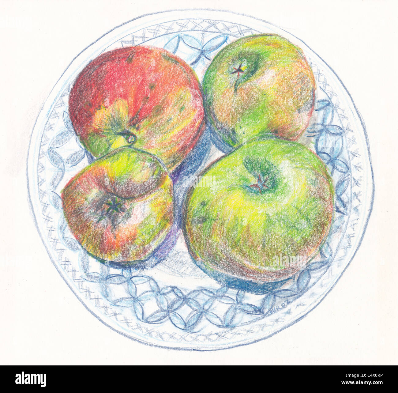 Pencil colour sketch of Bramley apples on a blue & white Spode plate ...