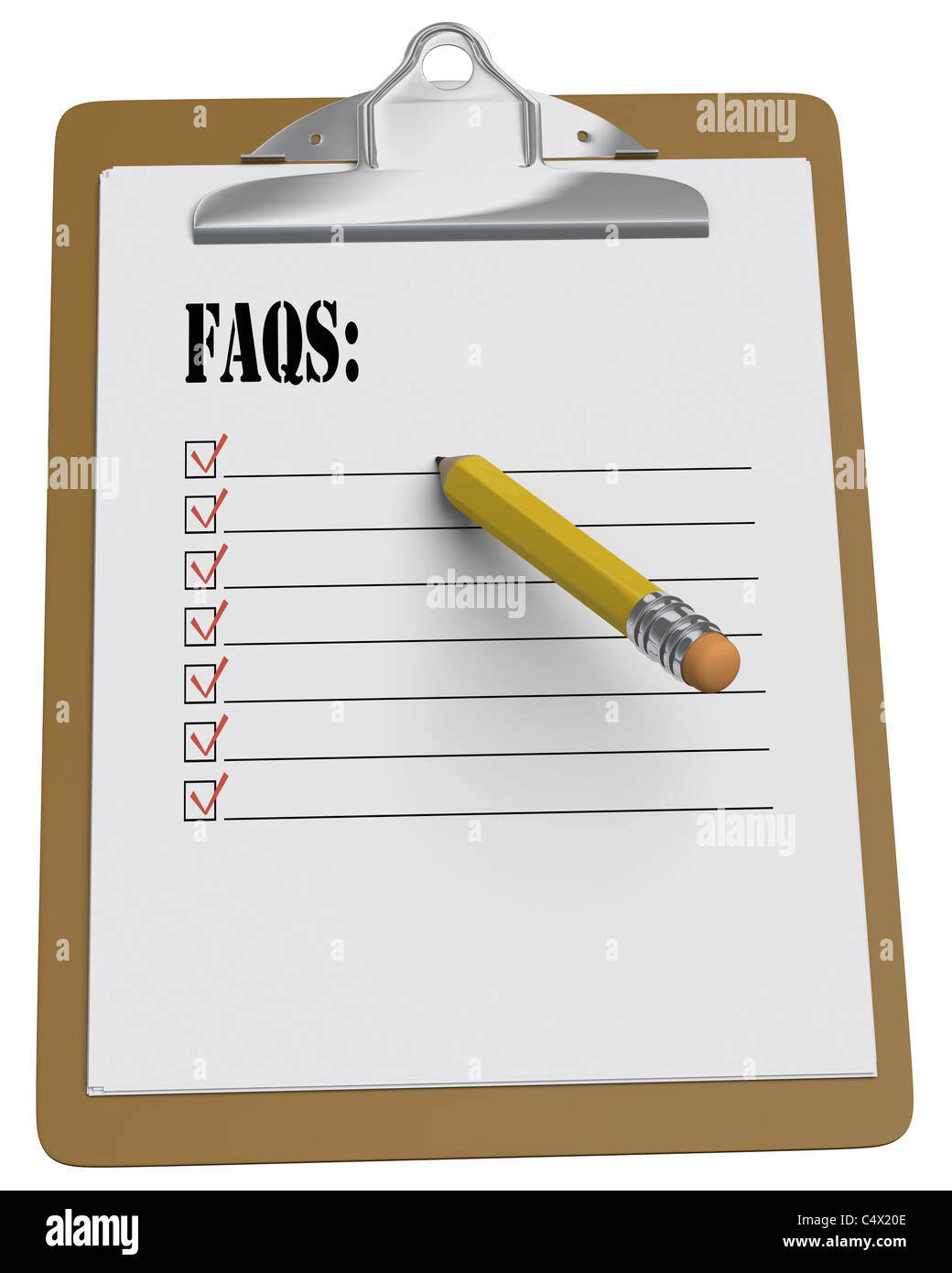 Clipboard with FAQs as checklist with stubby pencil on a white ...