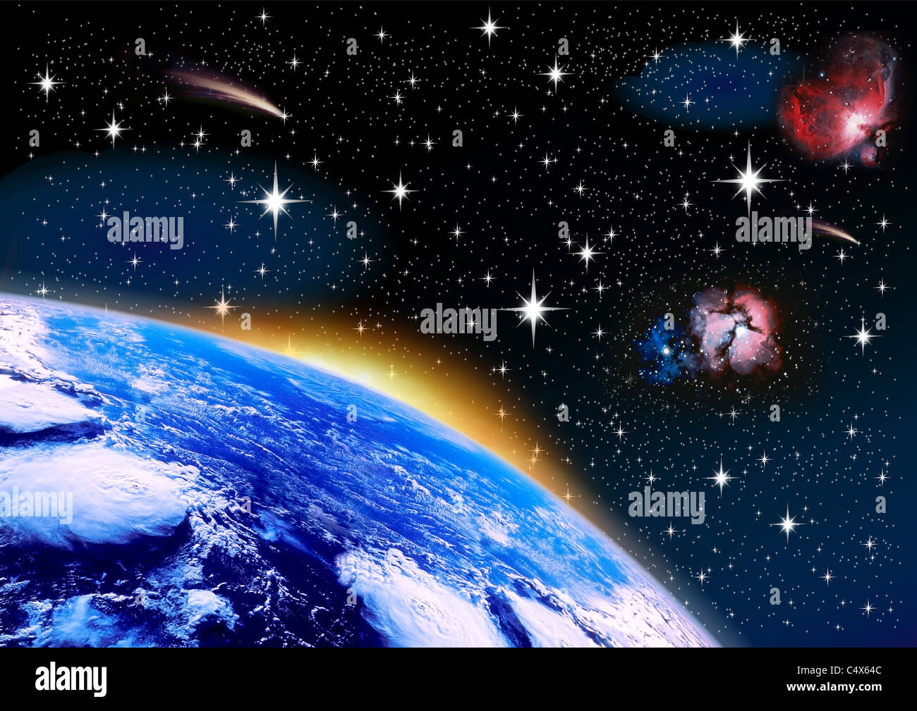 sunset sky and with stars of all sizes for air space with the planet ...
