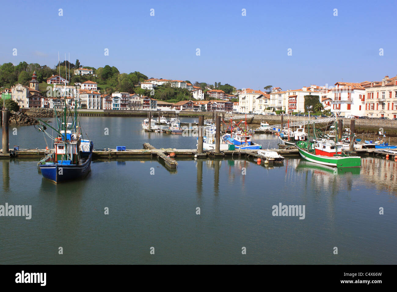 Harbour fishing boats on the beach in the Basque country in France ...