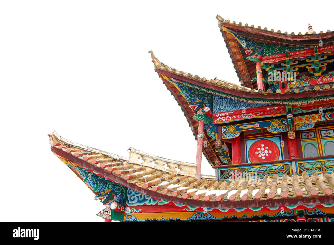 Three tiers of a Chinese temple, showing detail and colour, against a ...
