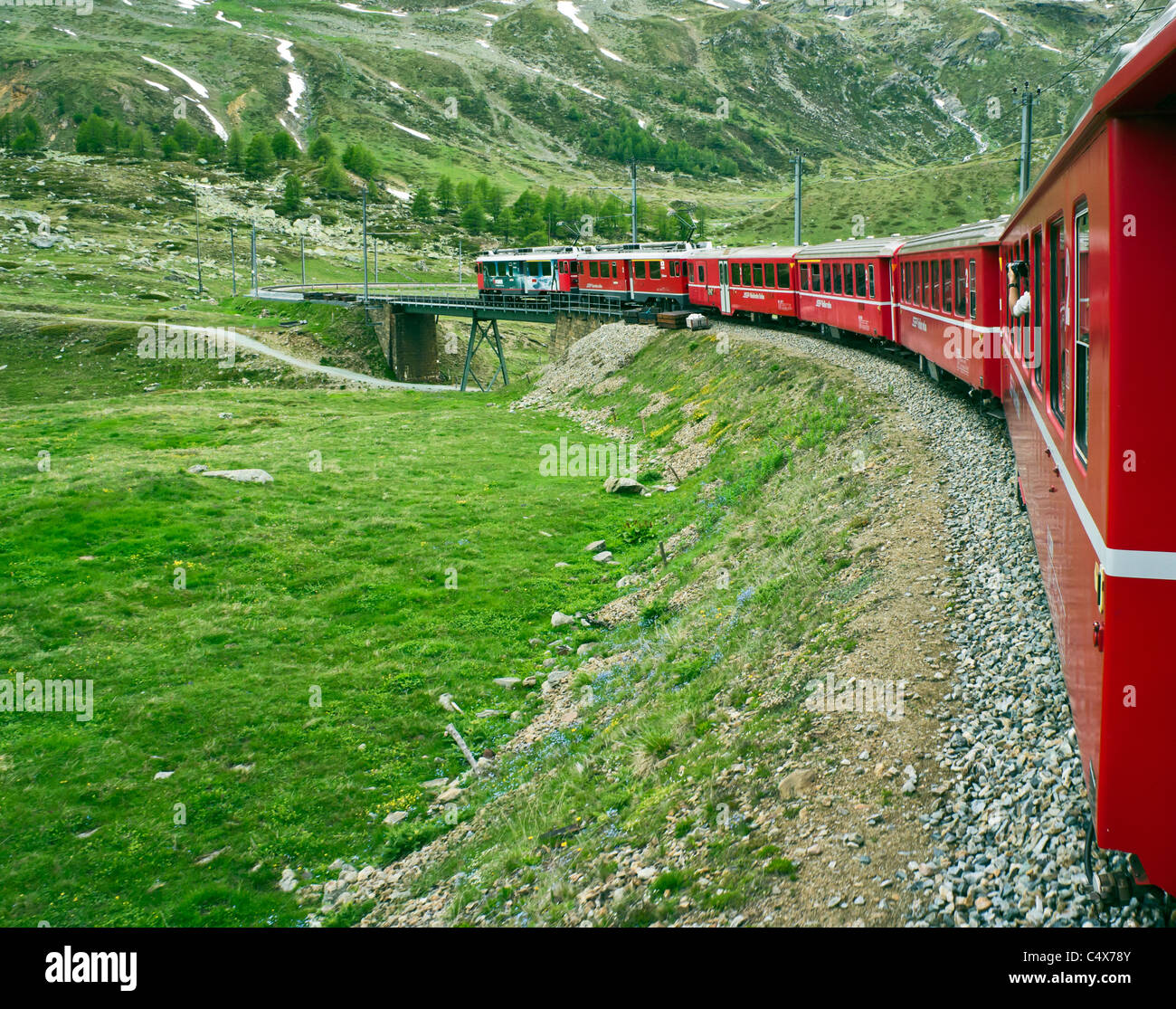 Rhatische Bahn train descending just north of the pass en route to St ...