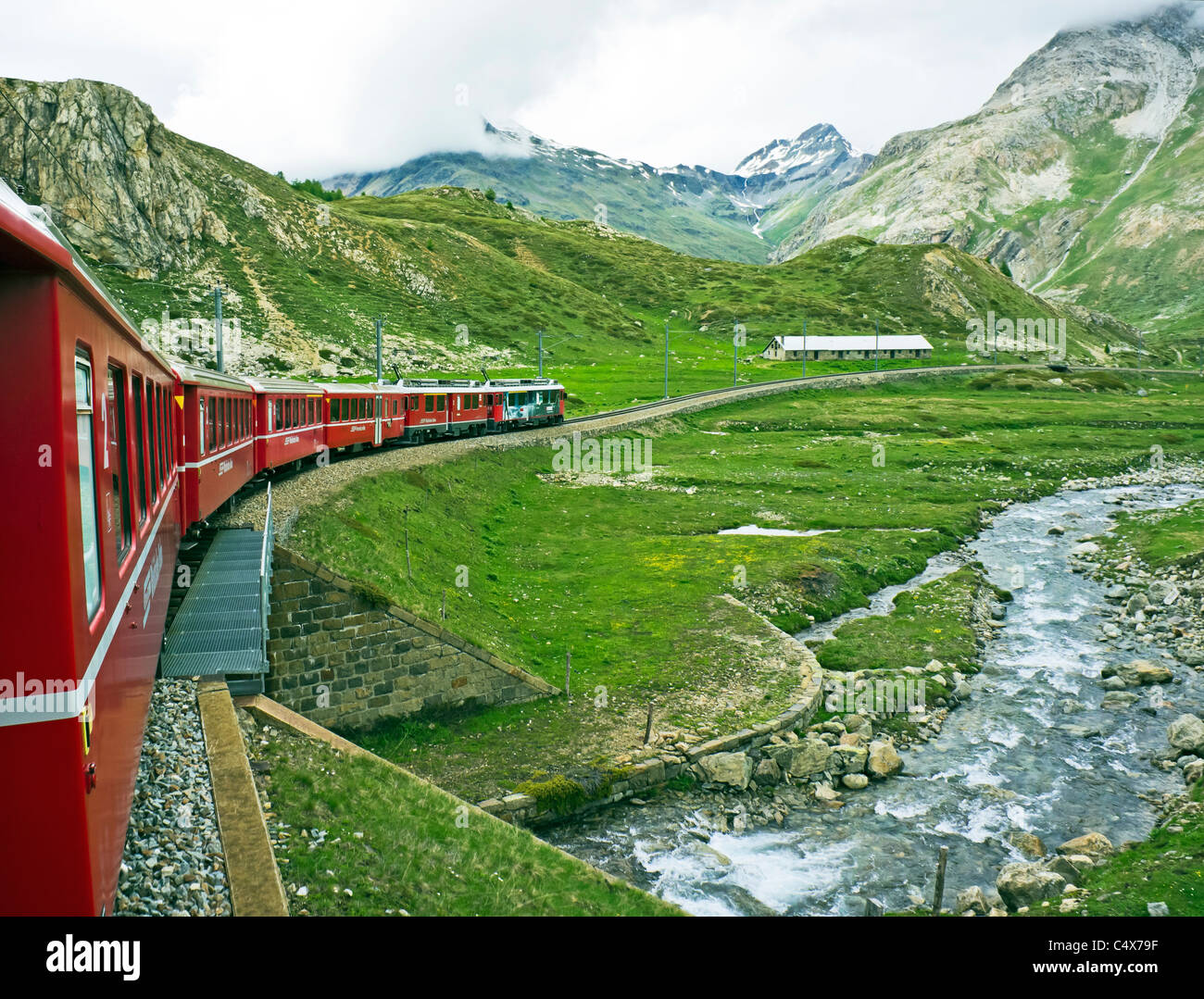 Rhatische Bahn train descending just north of the pass en route to St ...