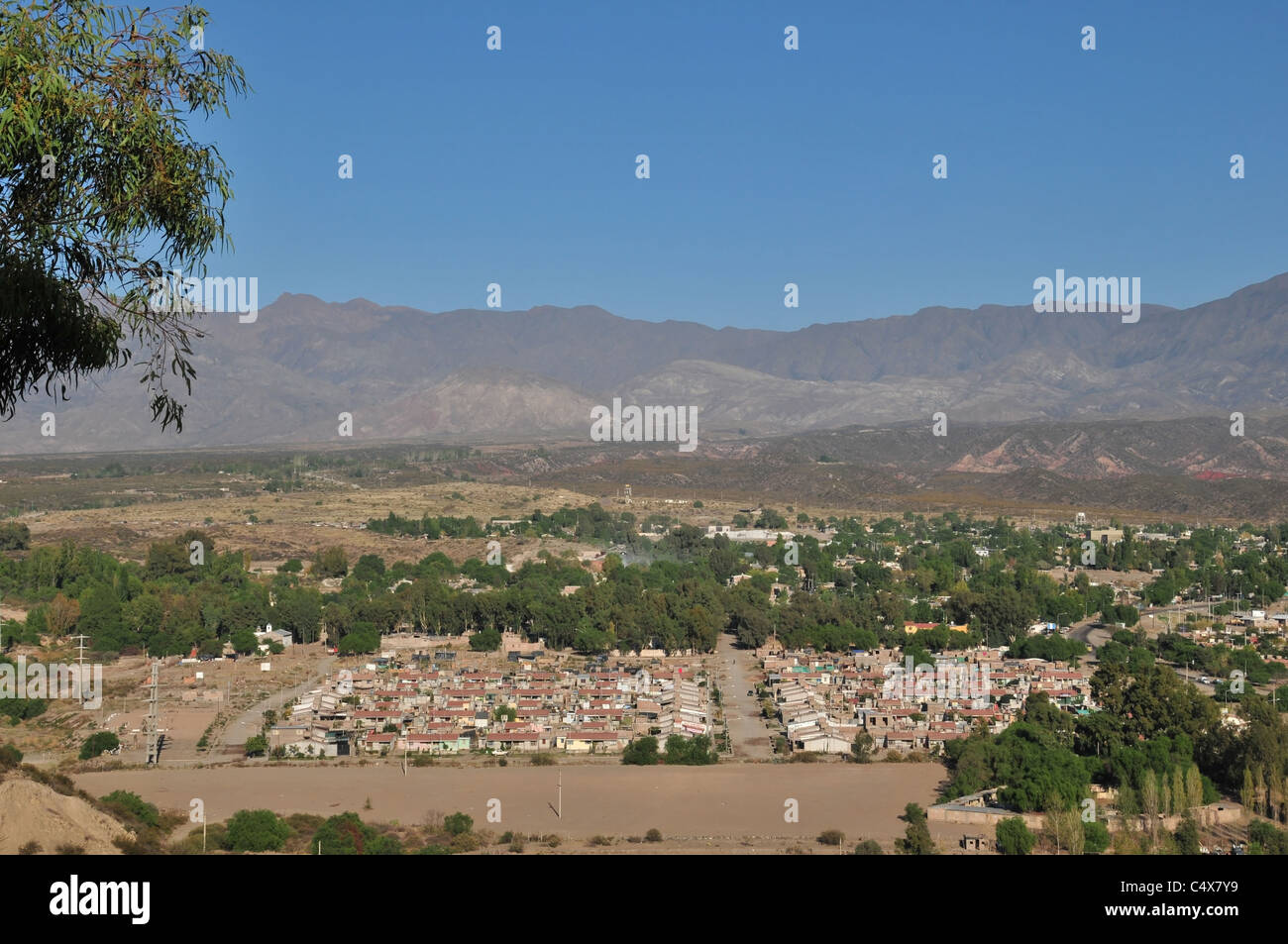 Blue sky view, towards Andes, houses trees in the semi-desert lowland ...