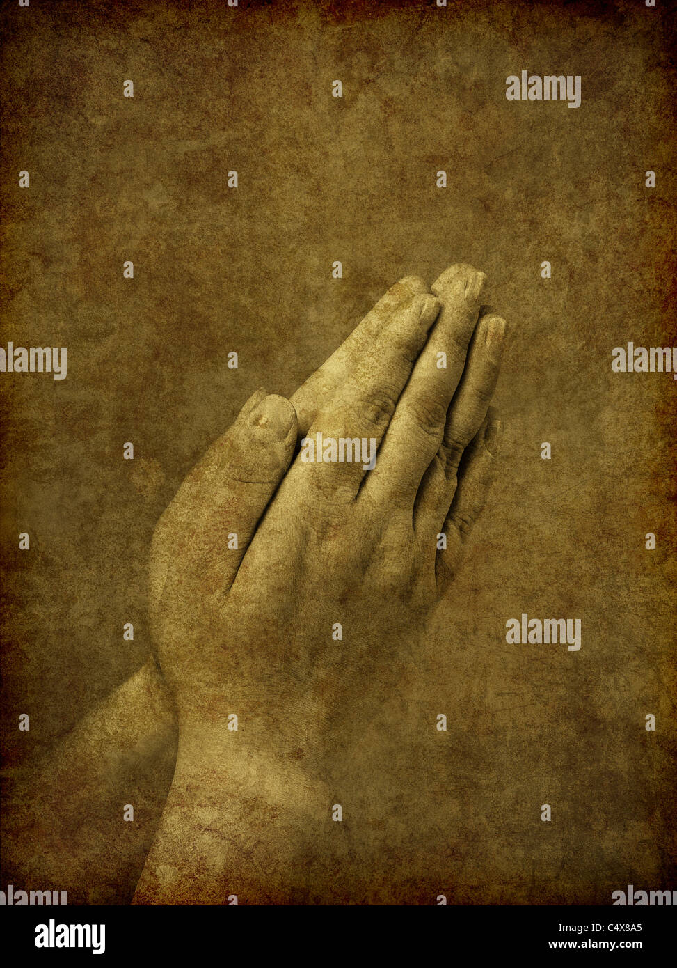 Praying hands illustration aged in antique, Victorian style simulating ...
