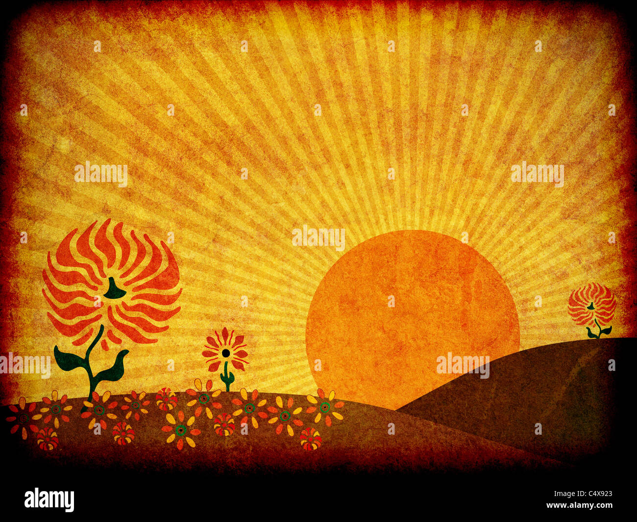 Illustration of a large sun rising behind the hills of an autumn meadow ...