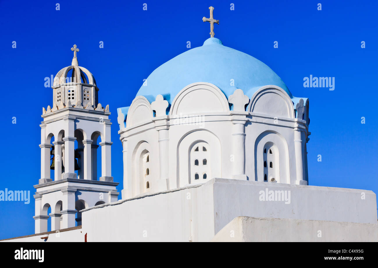 A traditional blue rooftop on a Greek church in the Cyclades, Tinos ...
