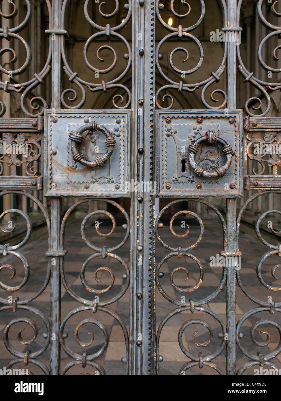 Ornate wrought iron gates at entrance to Salisbury Cathedral Stock ...