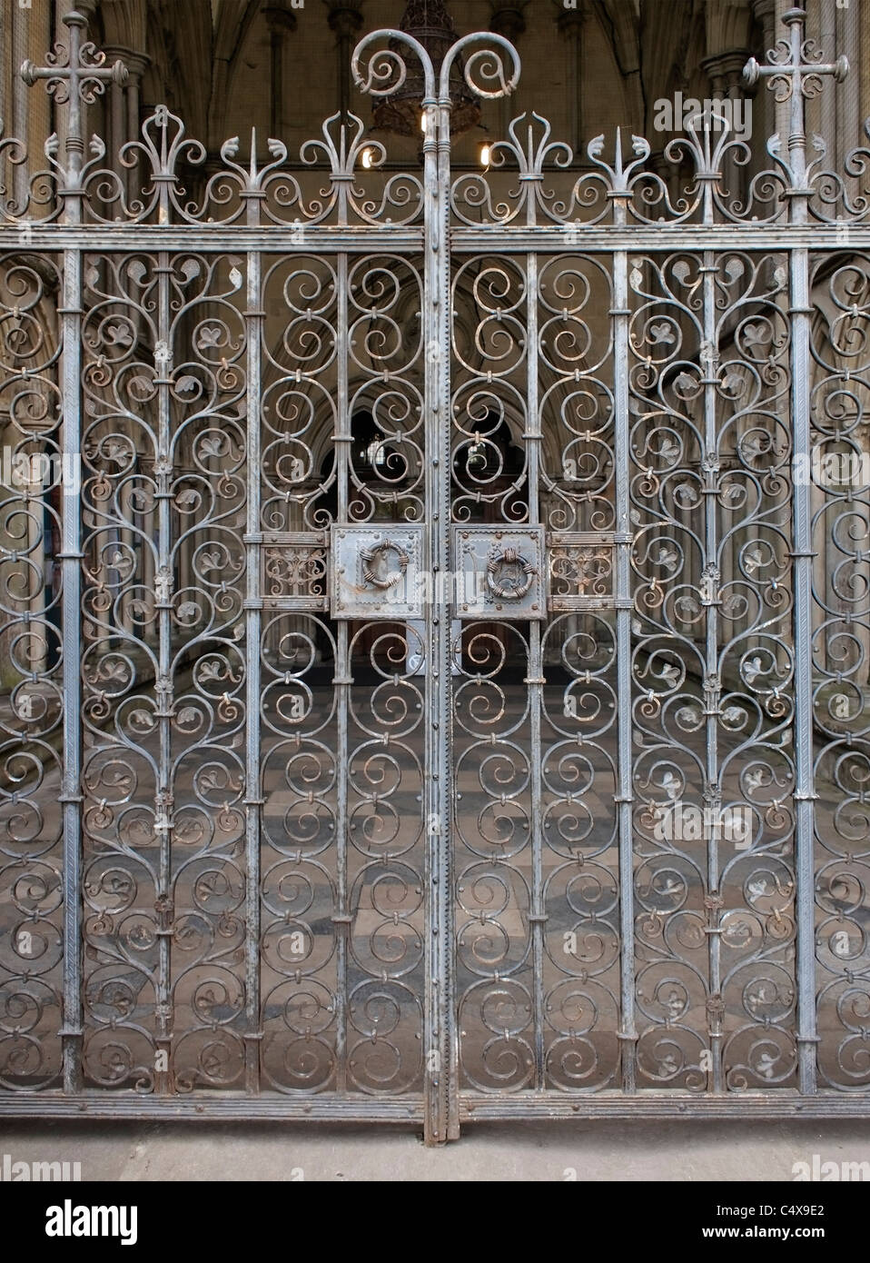 Ornate wrought iron gates at entrance to Salisbury Cathedral Stock ...