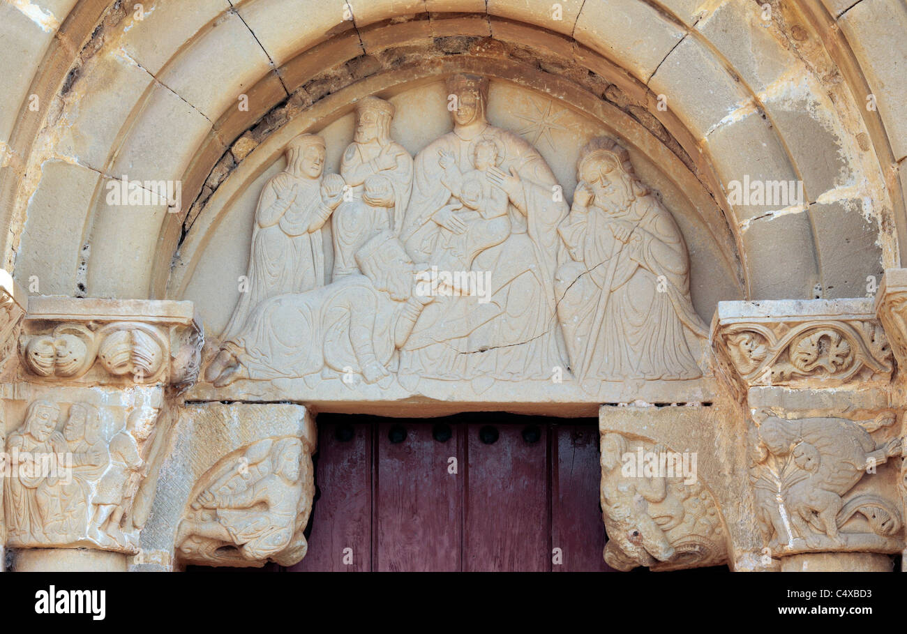 Romanesque portal of Santiago church (12th century), Aguero, province ...