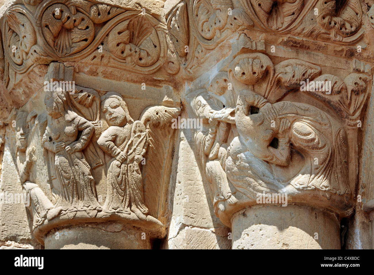 Romanesque portal of Santiago church (12th century), Aguero, province ...