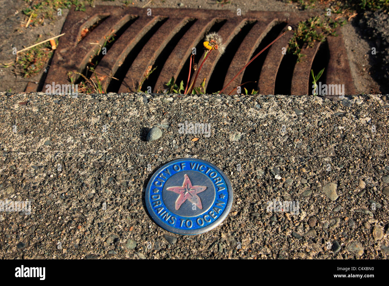 City of Victoria drains to the ocean sign by a sewer grate on Dallas Rd ...