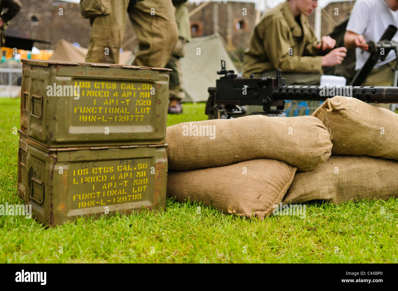 Sandbags and boxes of ammunition for a WW2 machine gun position Stock ...