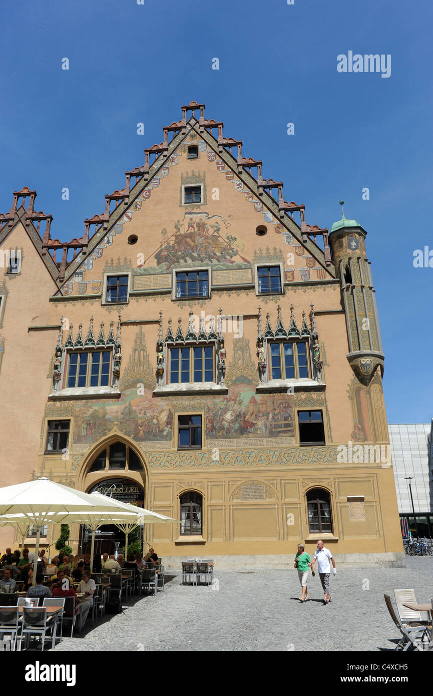 The painted facade of the medieval Ulm Rathaus in Ulm Baden-Württemberg ...