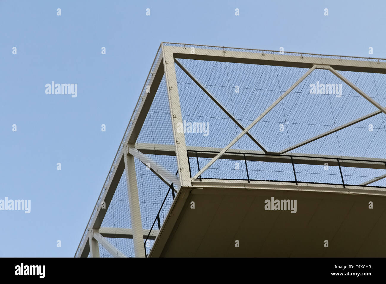 A detail of an overhang terrace on a contemporary office building in ...