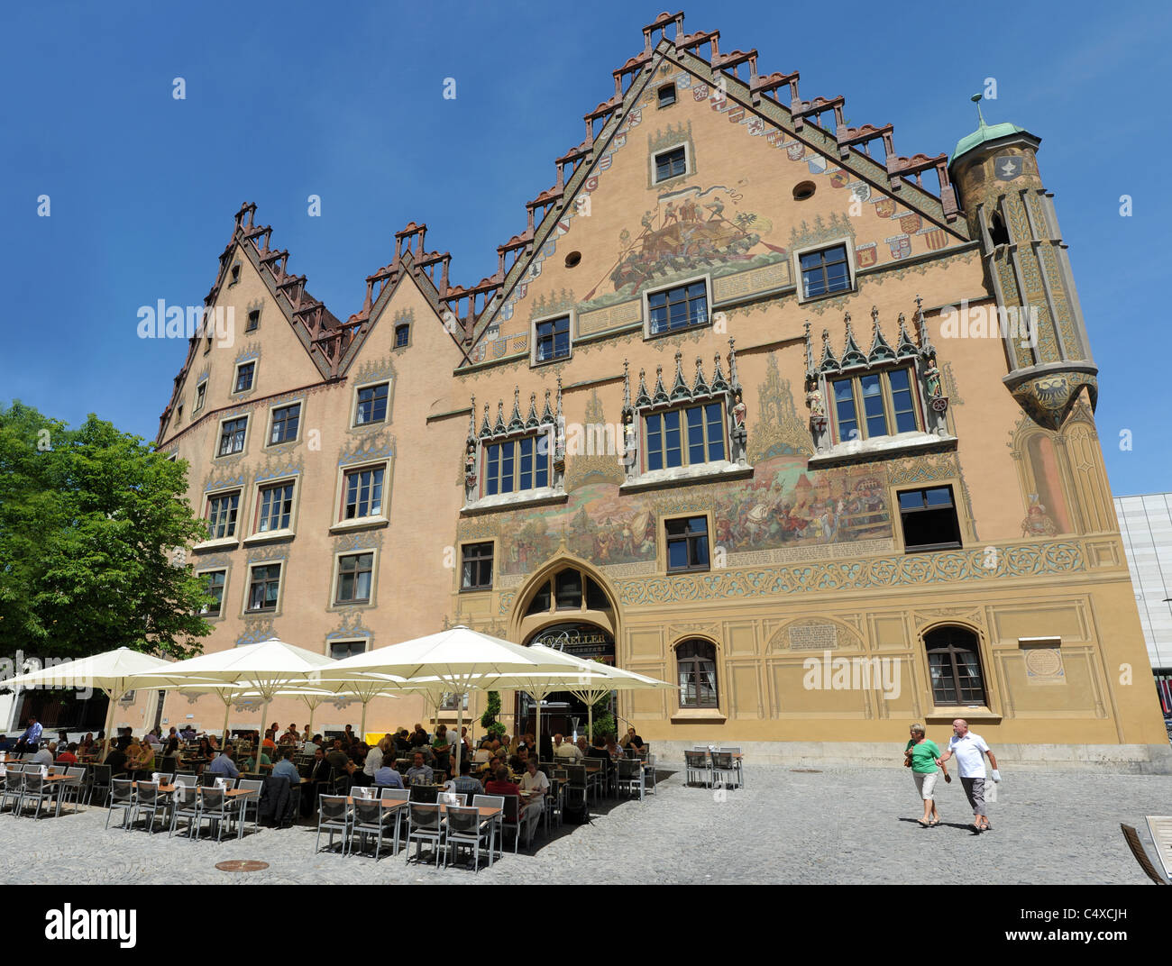 The painted facade of the medieval Ulm Rathaus in Ulm Baden-Württemberg ...