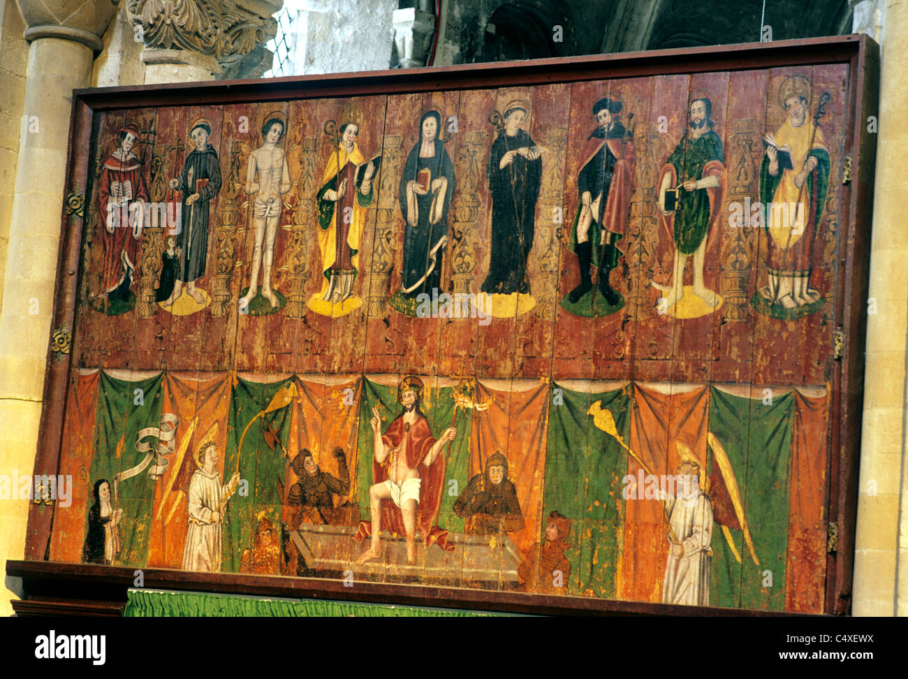 Romsey Abbey, Hampshire. Reredos Painting, 1525. Nine Saints, Christ ...