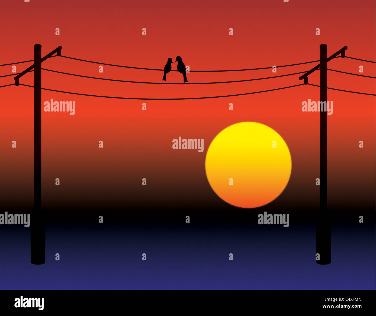 Birds date on electrical wires over red sunset sky Stock Photo - Alamy