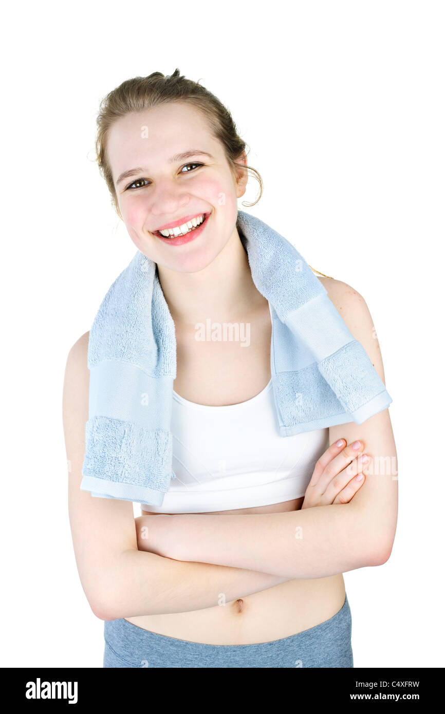 Happy fit young woman after workout on white background Stock Photo - Alamy