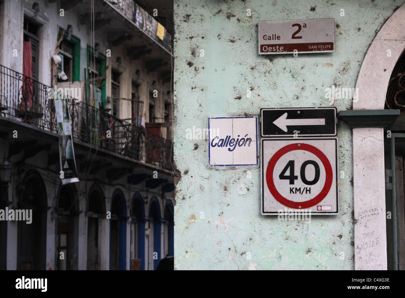 Old rustic street sign on an old street in the Casco Antiguo of Panama ...