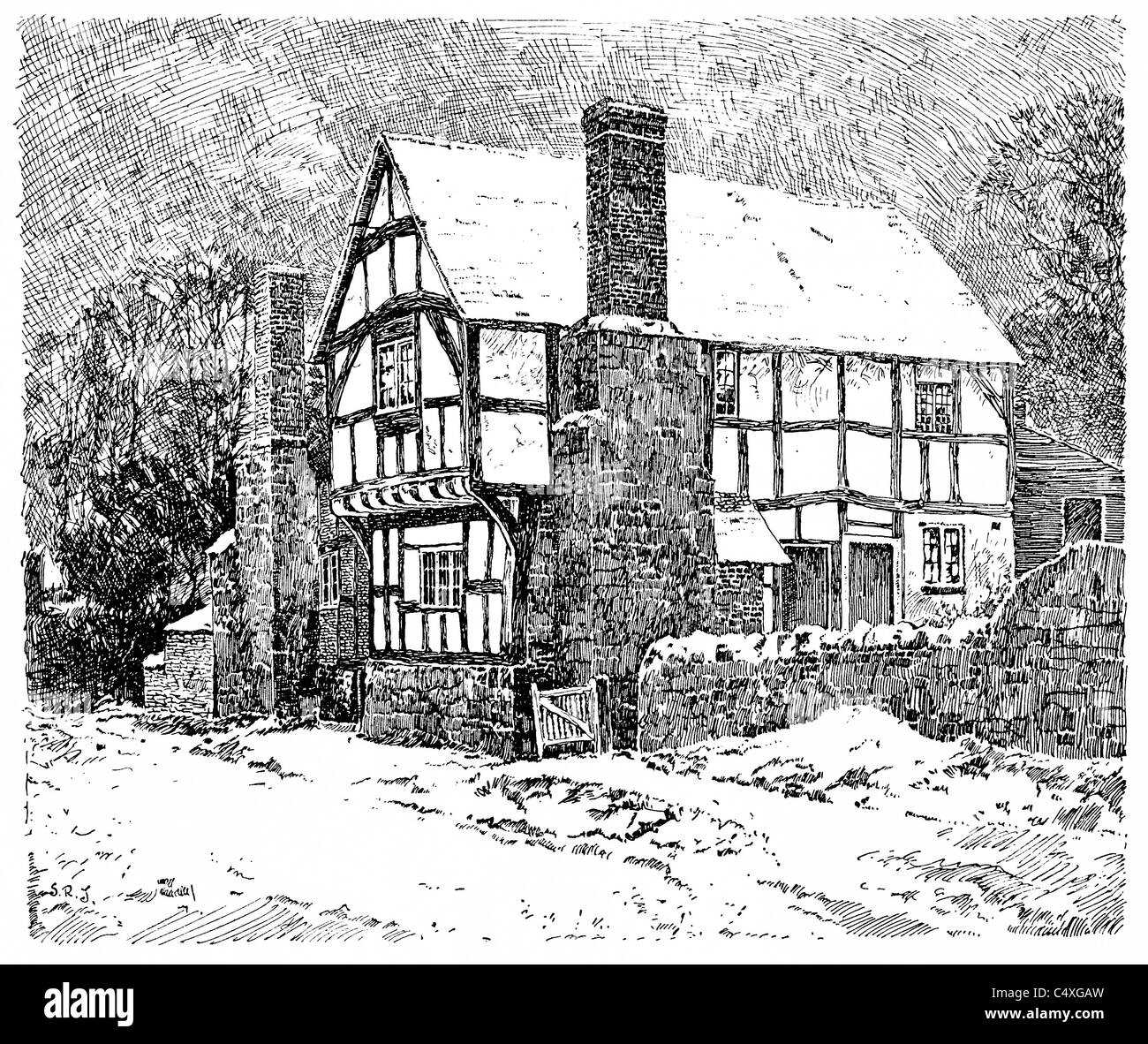 Orleton, Herefordshire - pen and ink illustration from "Old English ...