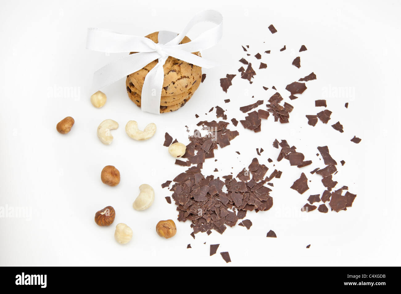 three chocolate biscuits as a gift wrapped with ribbon and chocolate ...