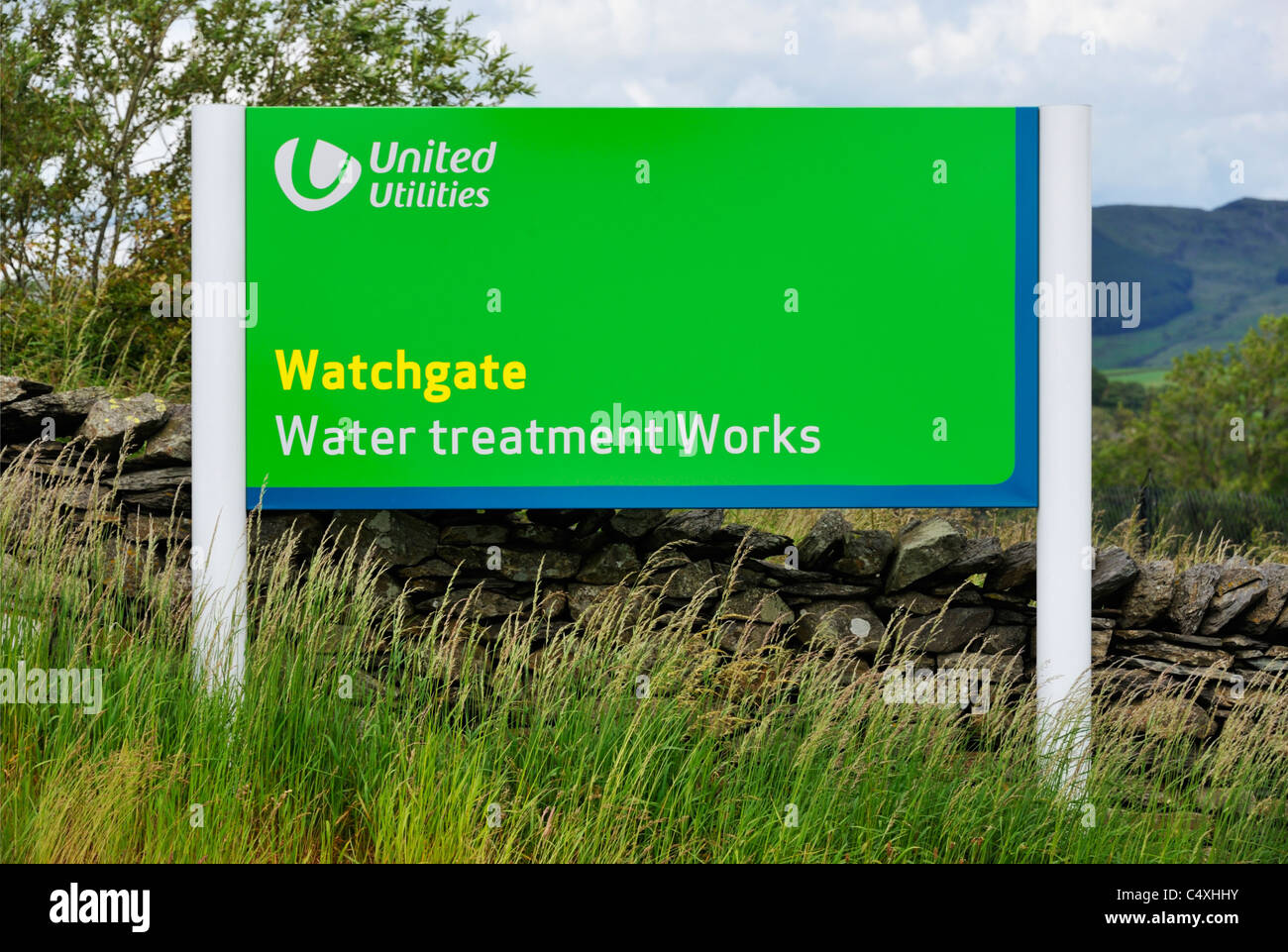 Nameboard at Watchgate Water Treatment Works. Selside, Cumbria, England ...
